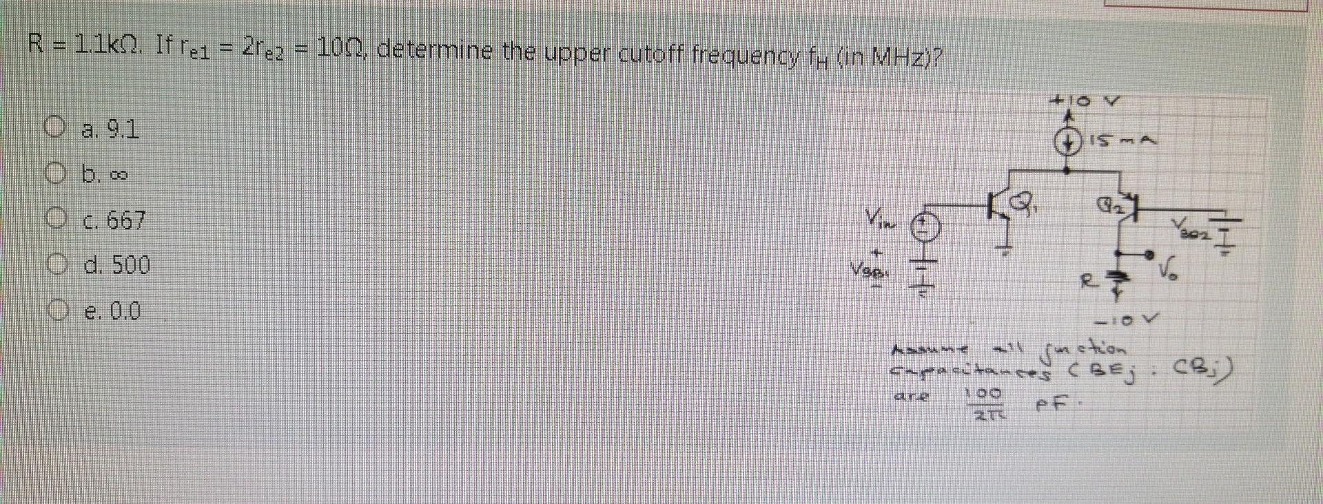 Solved R = 1.1k2. If rei = 21,2 = 109, determine the upper | Chegg.com
