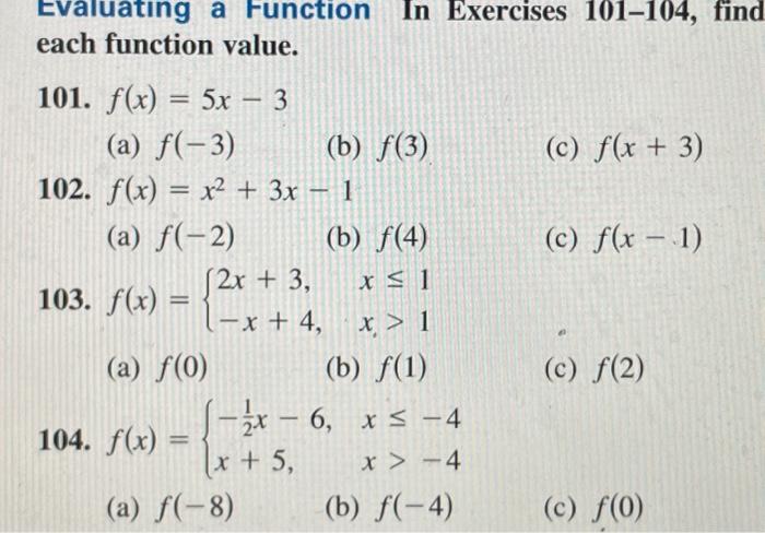 Solved each function value. 101. f(x)=5x−3 (a) f(−3) (b) | Chegg.com