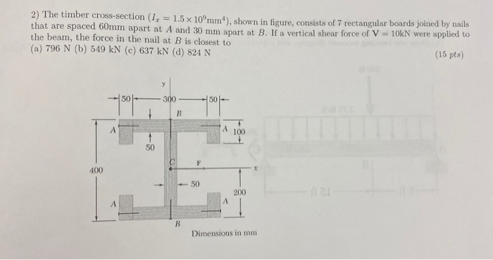 Solved 2) The timber cross-section (1. = 1.5 x 10 mm), shown | Chegg.com