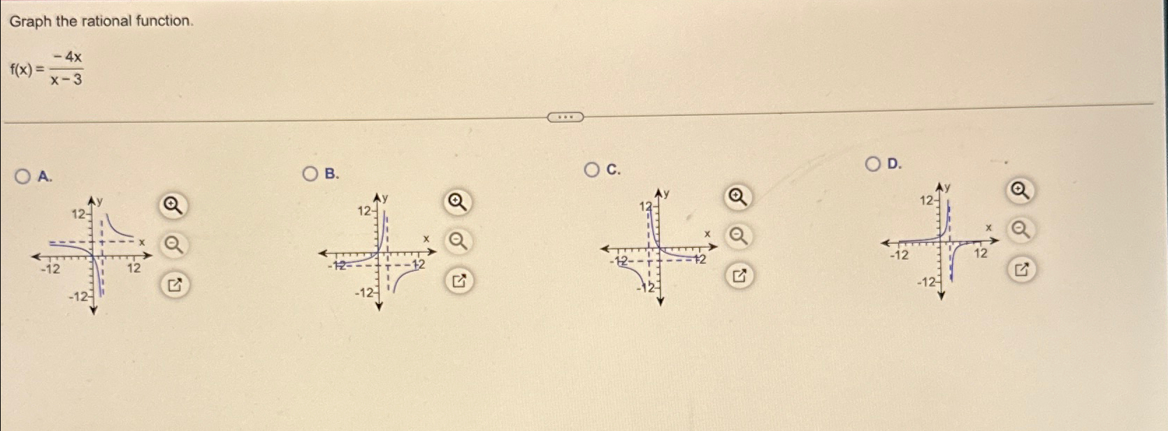 Solved Graph the rational function.f(x)=-4xx-3 | Chegg.com