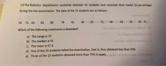 Solved 1.6 The Statistics Department randomly selected 15 | Chegg.com