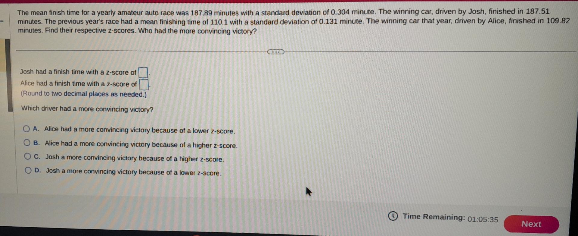 Solved The mean finish time for a yearly amateur auto race | Chegg.com