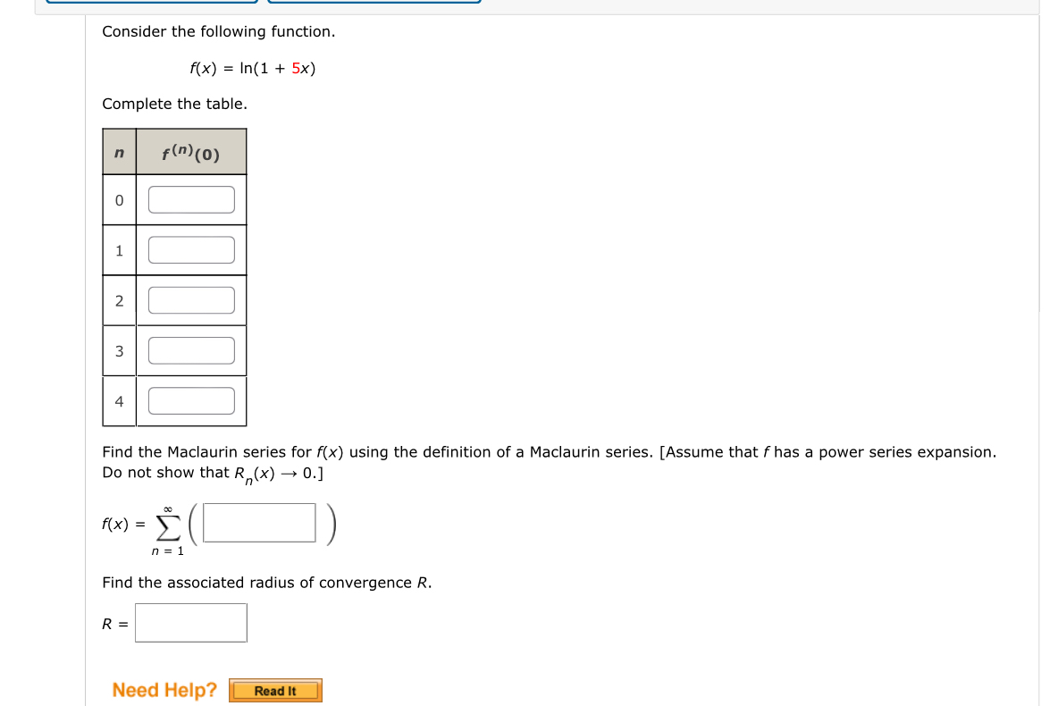 Solved Consider the following function.f(x)=ln(1+5x)Complete | Chegg.com