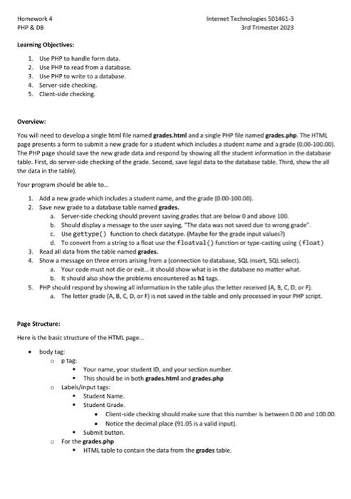 Homework 4 PHP \& DB Internet Technologies 501461-3 | Chegg.com