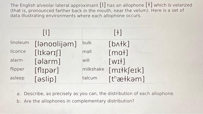 The English alveolar lateral approximant [1] has an | Chegg.com