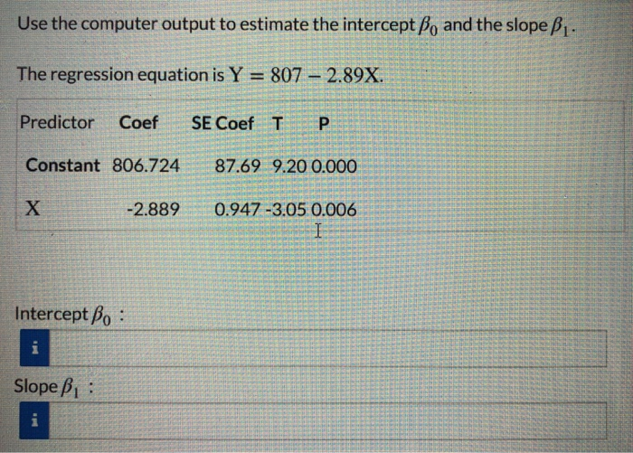 Solved Use the computer output to estimate the intercept ßo | Chegg.com