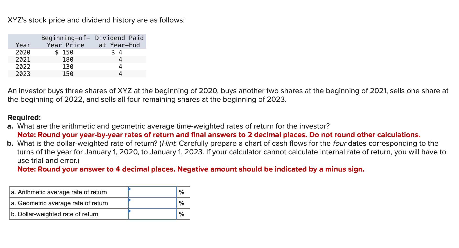 Solved XYZ's stock price and dividend history are as | Chegg.com