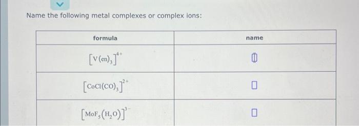 Solved Name the following metal complexes or complex ions: | Chegg.com
