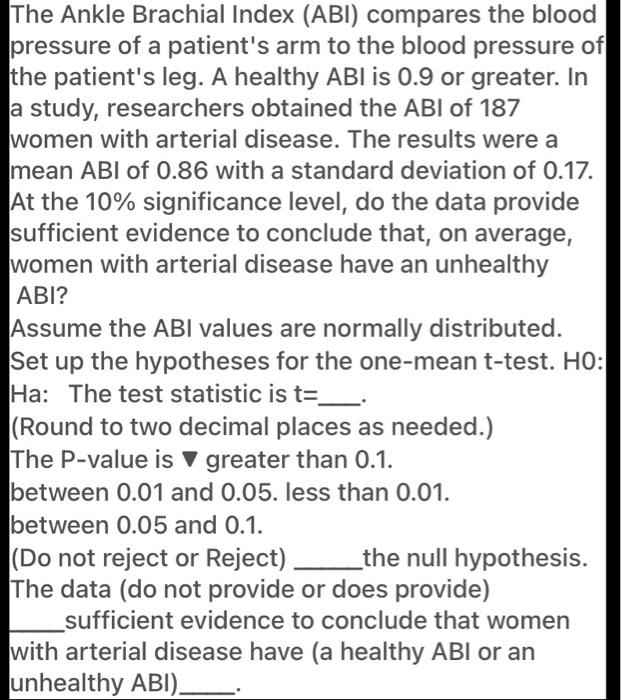 Solved The Ankle Brachial Index (ABI) compares the blood | Chegg.com