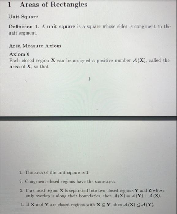 1 Areas of Rectangles Unit Square Definition 1. A | Chegg.com