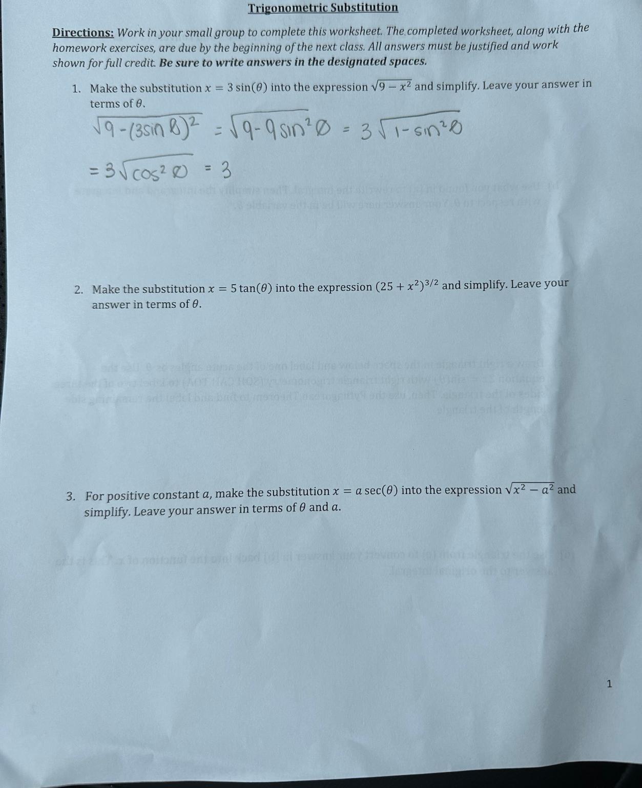 Solved Trigonometric SubstitutionDirections: Work in your | Chegg.com