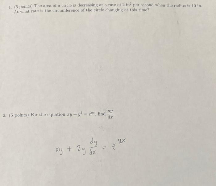 Solved 1. (5 points) The area of a circle is decreasing at a | Chegg.com