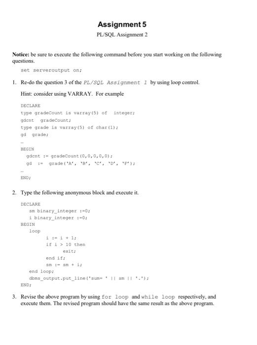 Solved Assignment 5 PL/SQL Assignment 2 Notice: be sure to | Chegg.com