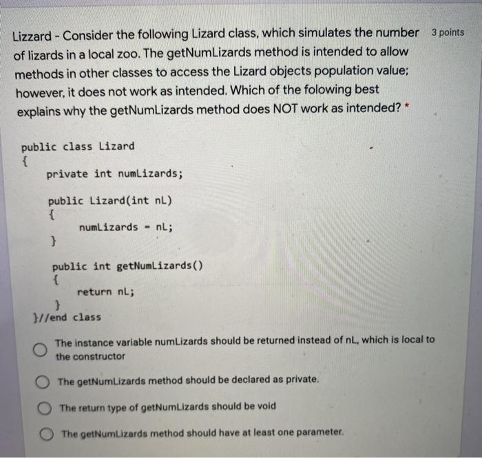 Solved Lizzard - Consider the following Lizard class, which | Chegg.com