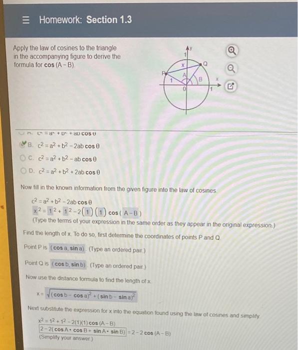 Solved = Homework: Section 1.3 a Apply the law of cosines to | Chegg.com