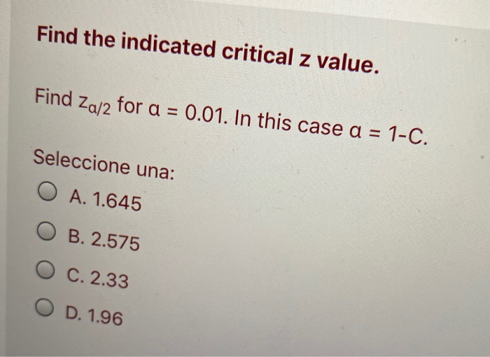 Solved Find the indicated critical z value. Find Za/2 for a | Chegg.com
