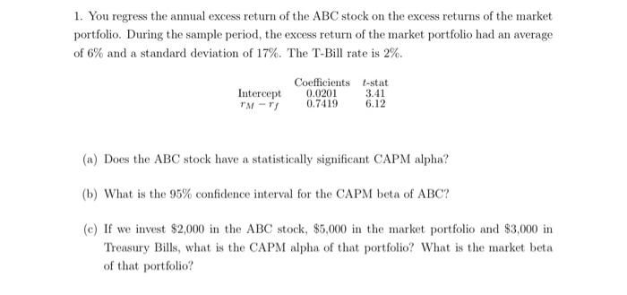 Solved 1. You regress the annual excess return of the ABC | Chegg.com