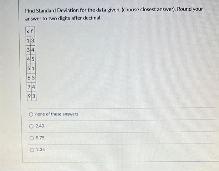 Solved Find Standard Deviation for the data given. (choose | Chegg.com