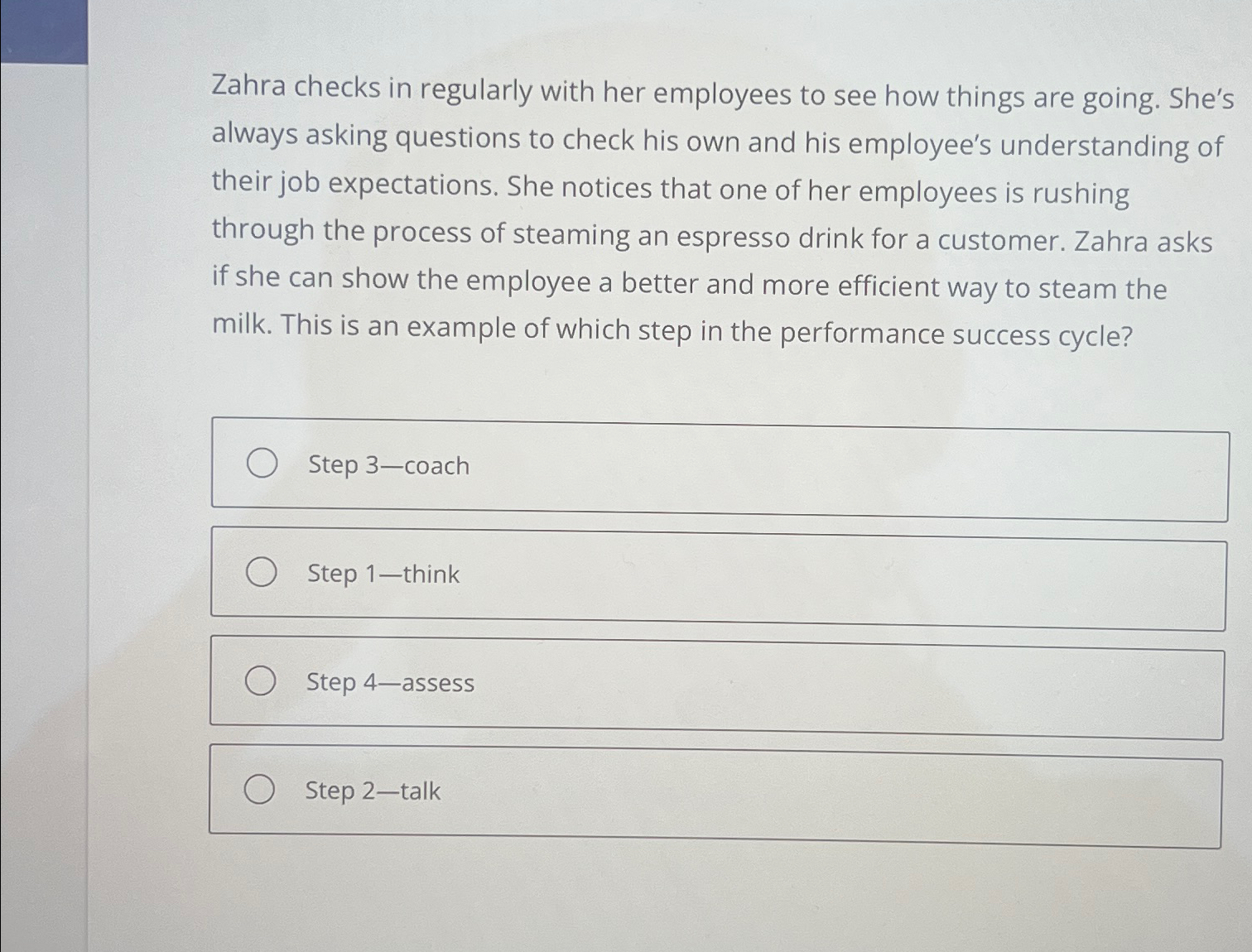 Solved Zahra checks in regularly with her employees to see | Chegg.com