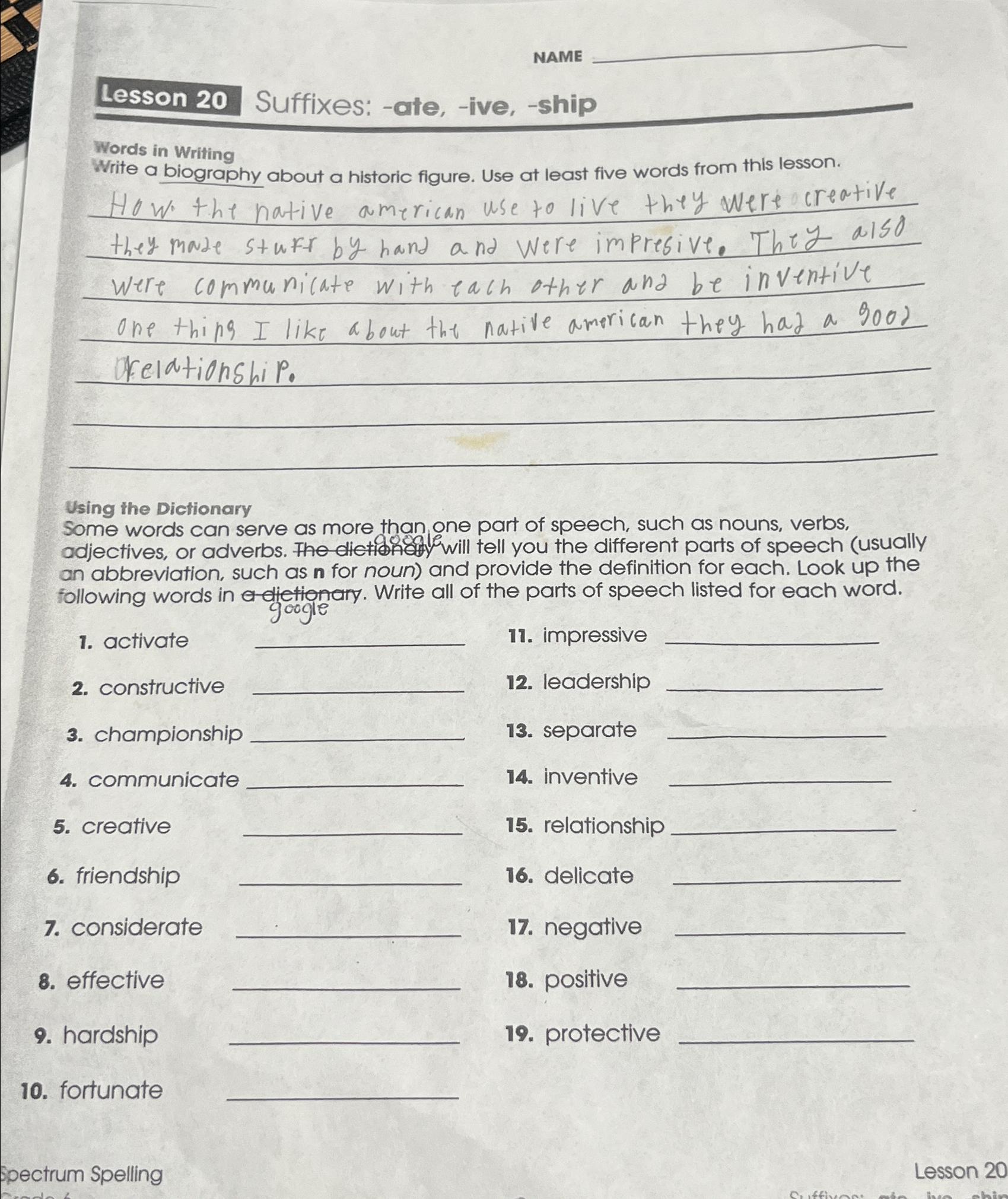 Solved NAMELesson 20 ﻿Suffixes: -ate, -ive, -shipWords in | Chegg.com