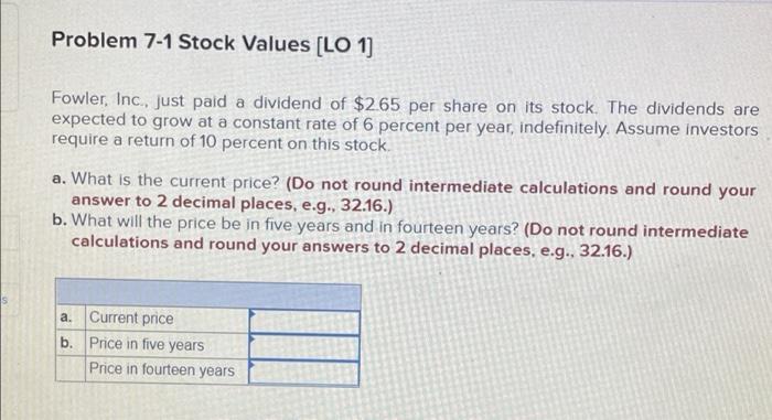 Solved Problem 7-1 Stock Values [LO 1] Fowler, Inc., just | Chegg.com