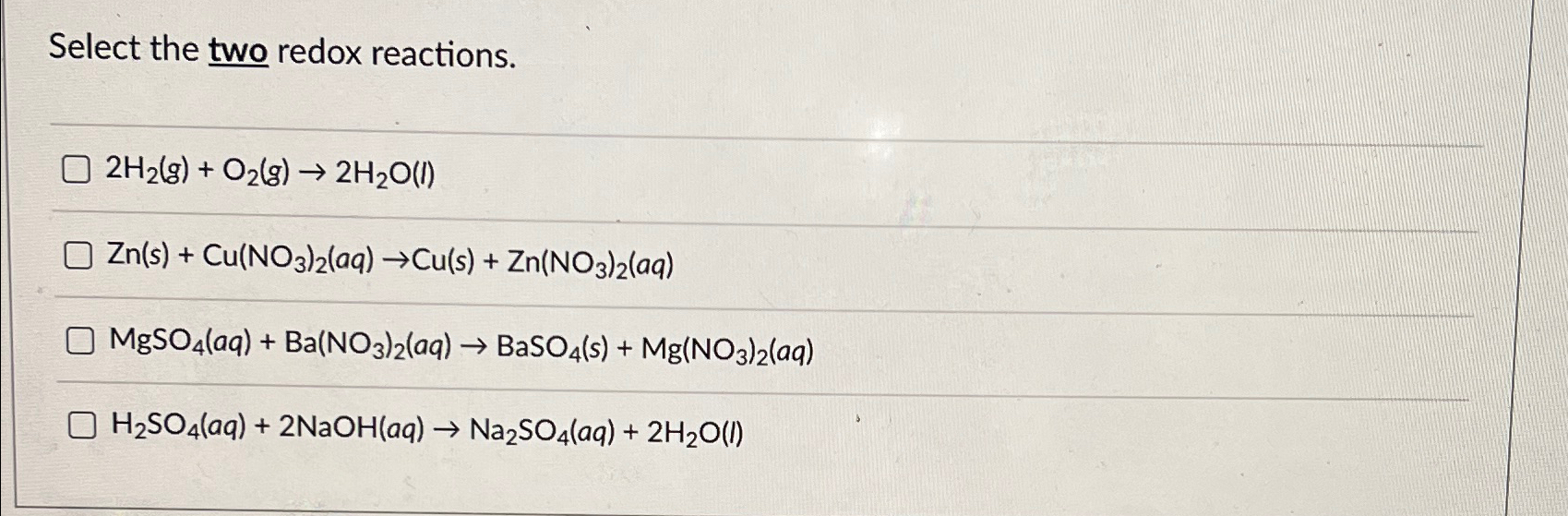 Solved Select the two redox | Chegg.com