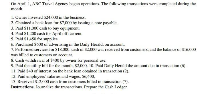 Solved On April 1, ABC Travel Agency began operations. The | Chegg.com