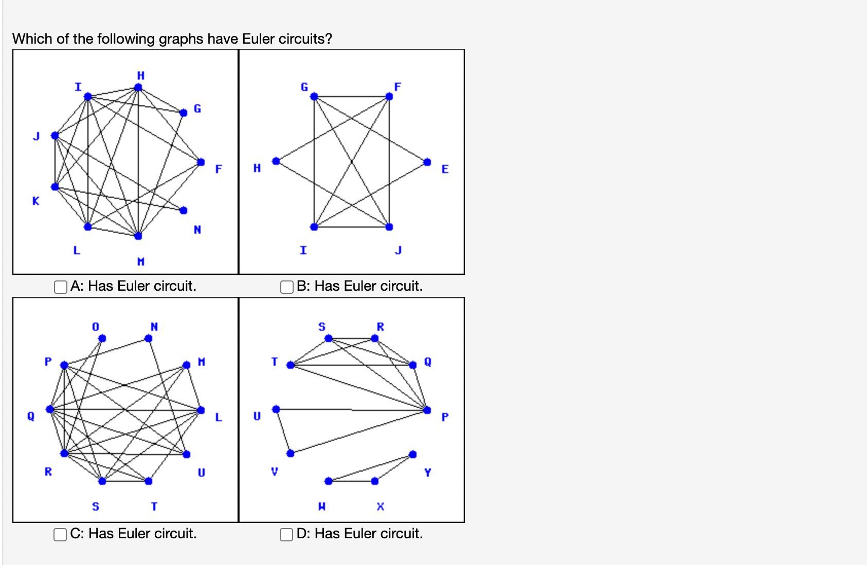 Solved Which of the following graphs have Euler circuits?A: | Chegg.com