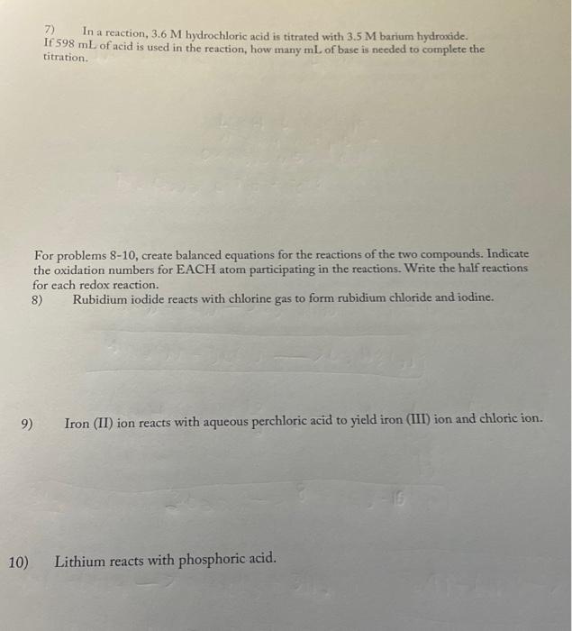 Solved 7) In a reaction, 3.6M hydrochloric acid is titrated | Chegg.com
