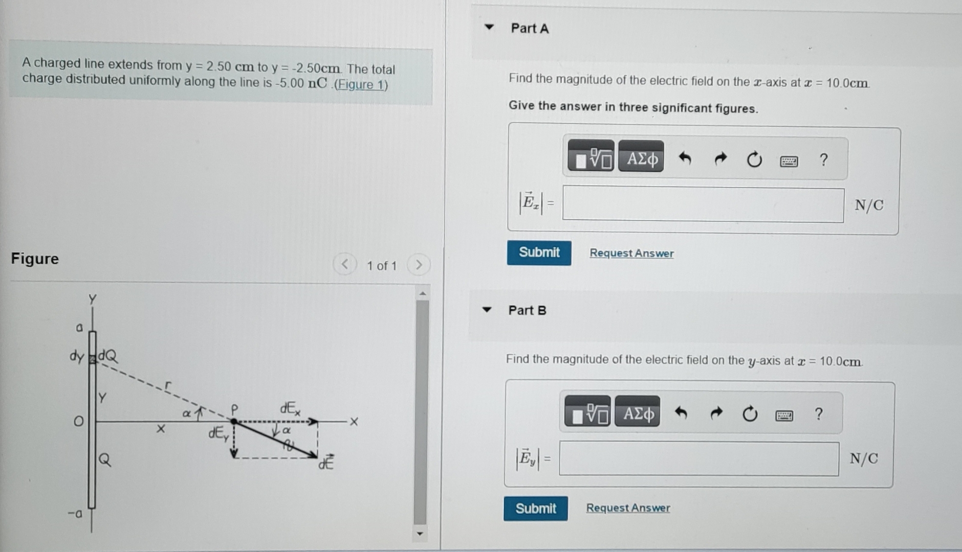 Solved Part AA charged line extends from y=2.50cm ﻿to | Chegg.com