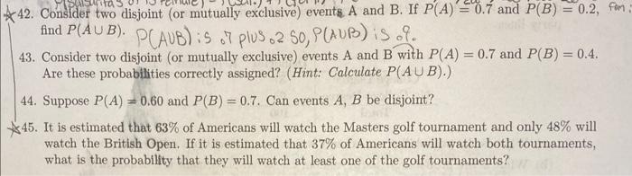 Solved 42. Consider two disjoint (or mutually exclusive) | Chegg.com