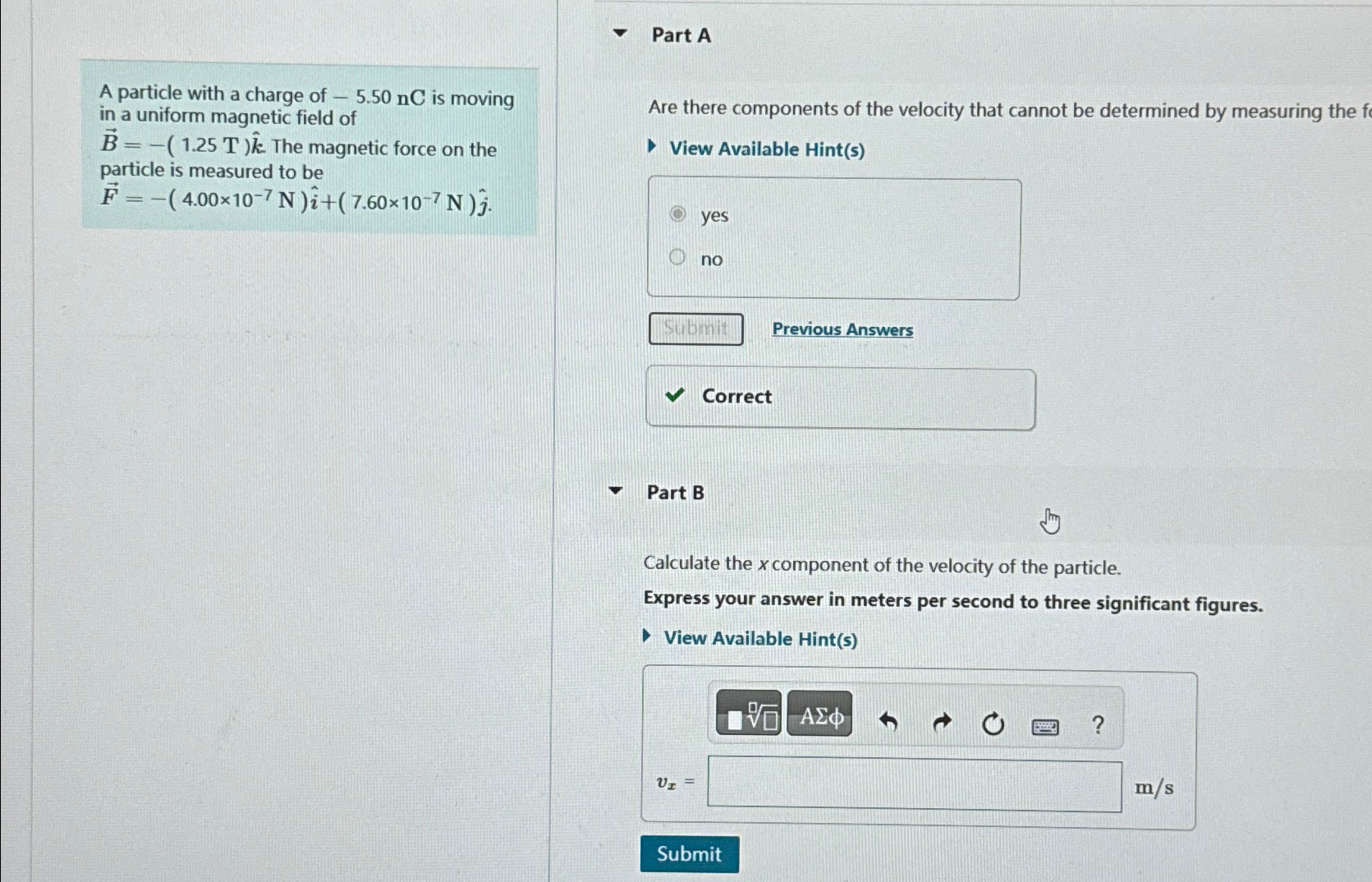 Solved Part AA particle with a charge of -5.50nC ﻿is moving | Chegg.com