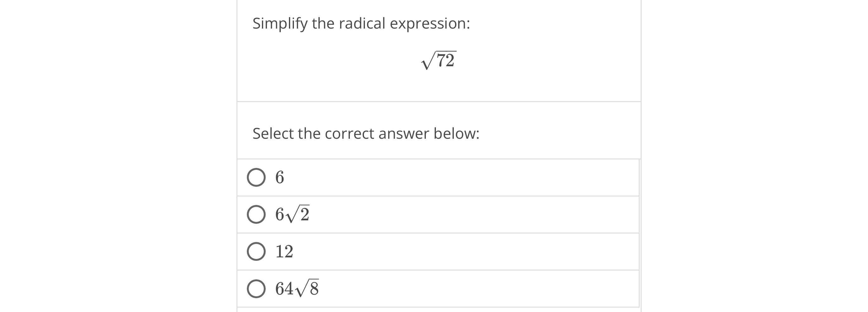 Solved Simplify the radical expression:722Select the correct | Chegg.com