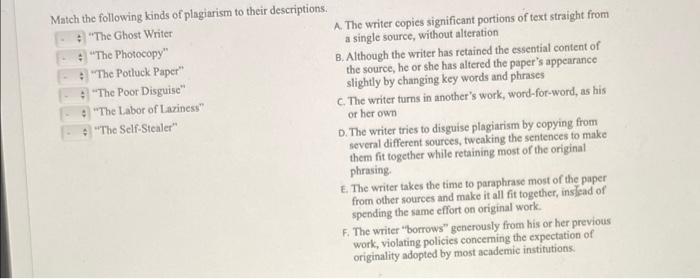Match the following kinds of plagiarism to their | Chegg.com