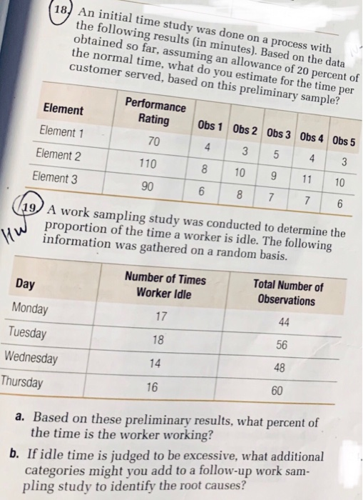 Solved (18) An initial time study was done on a process with | Chegg.com