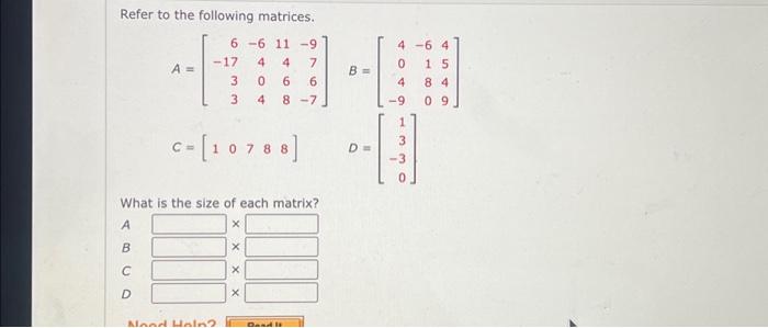Solved Refer to the following matrices. 6 -6 11 -9 4 4 7 0 6 | Chegg.com