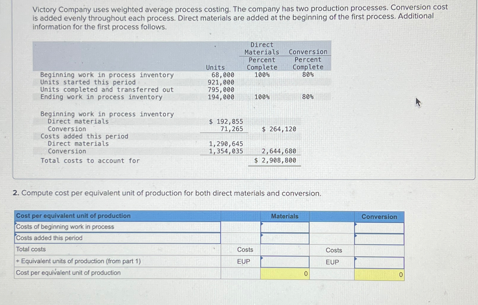 Solved Victory Company uses weighted average process | Chegg.com
