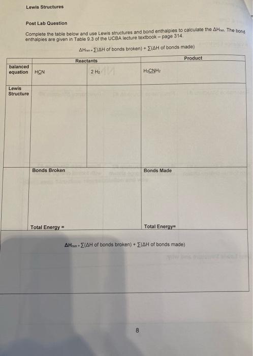 Solved Lewis Structures Post Lab Quostion Complete the table | Chegg.com