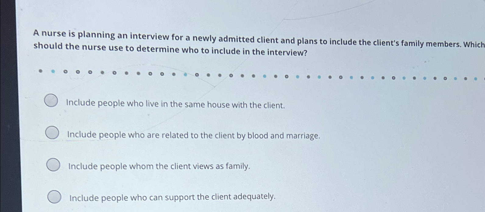 Solved A nurse is planning an interview for a newly admitted | Chegg.com