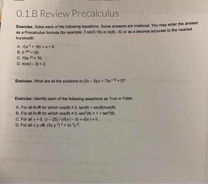 Solved 0.1.B Review Precalculus Exercise. Solve each of the | Chegg.com