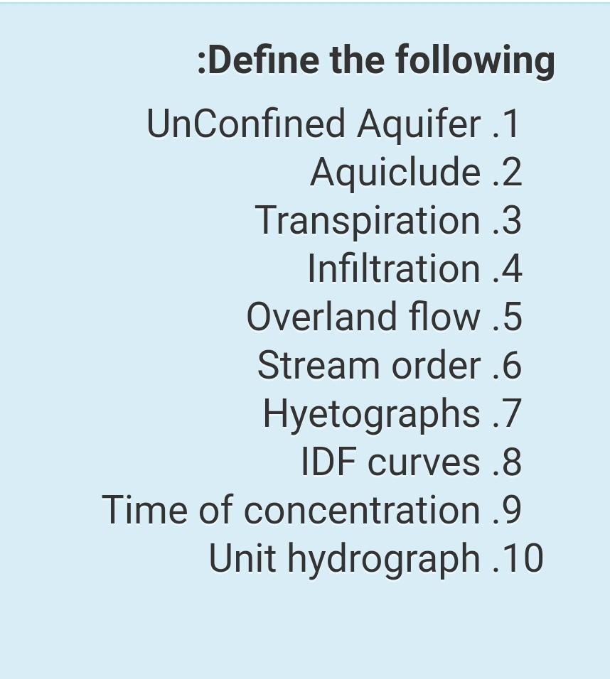 Solved :Define the following UnConfined Aquifer .1 Aquiclude | Chegg.com