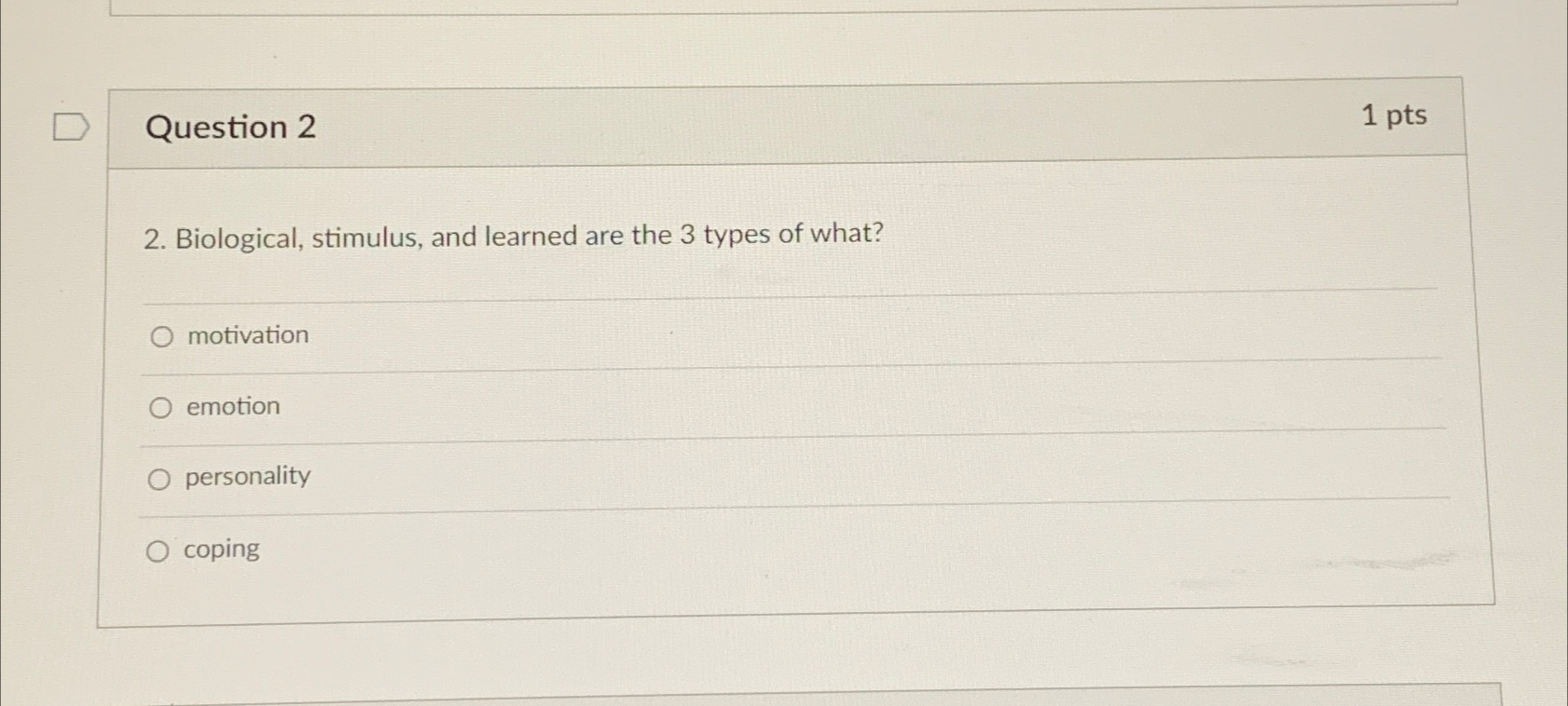 Solved Question 21pts2. ﻿Biological, stimulus, and learned | Chegg.com