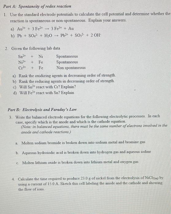 Solved Part 1: Spontaneity of redox reaction 1. Use the | Chegg.com