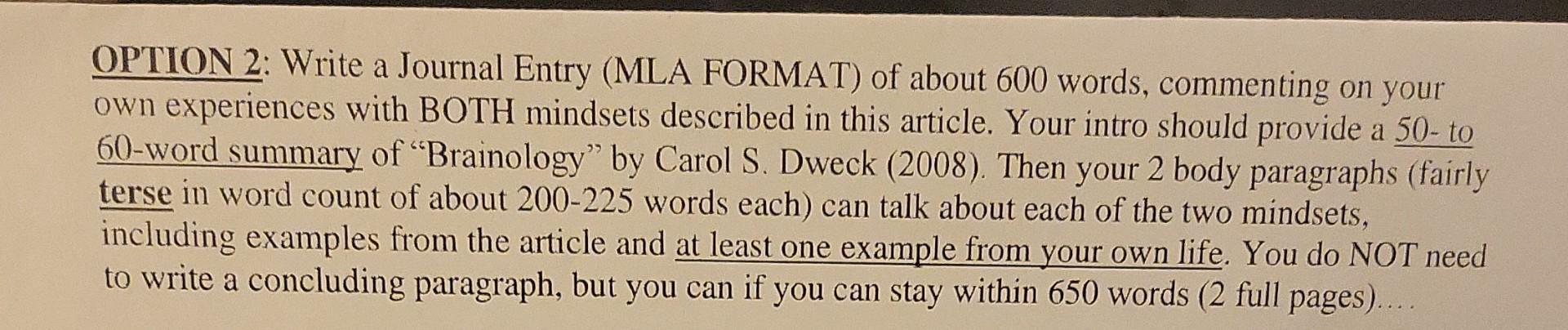 OPTION 2: Write a Journal Entry (MLA FORMAT) of about | Chegg.com