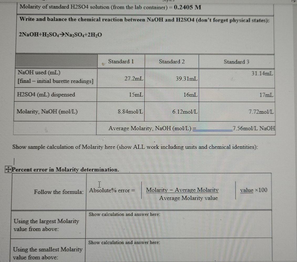 Solved Molarity of standard H2SO4 solution (from the lab | Chegg.com