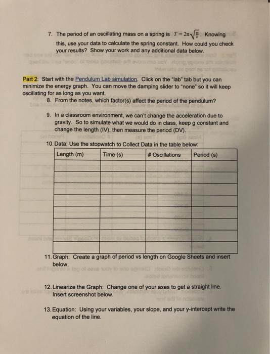 Solved Simple Harmonic Motion Lab Part 1: Start with the | Chegg.com
