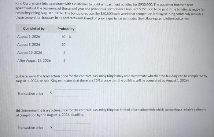 Solved King Corp. enters into a contract with a customer to | Chegg.com