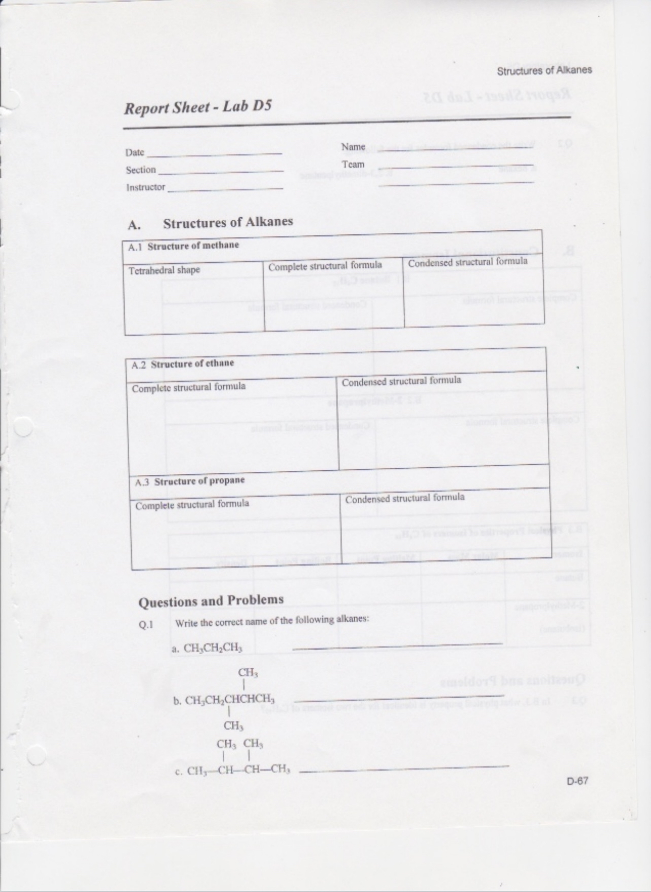 Solved Structures of AlkanesReport Sheet - ﻿Lab D5Date | Chegg.com