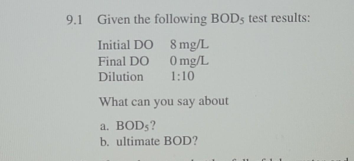 Solved Given the following BOD5 test results: What can you | Chegg.com