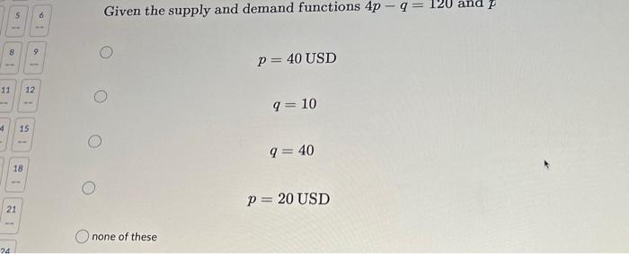 Solved Given the supply and demand functions 4p−q=120 and p | Chegg.com